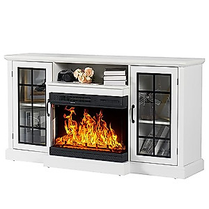 oneinmil Fireplace TV Stand with 3-Sided Glass Electric Fireplace,59'' Modern Media Entertainment Center with Farmhouse Glass Door Storage Cabinet, TV Cabinet for TVs up to 65",for Living Room,White