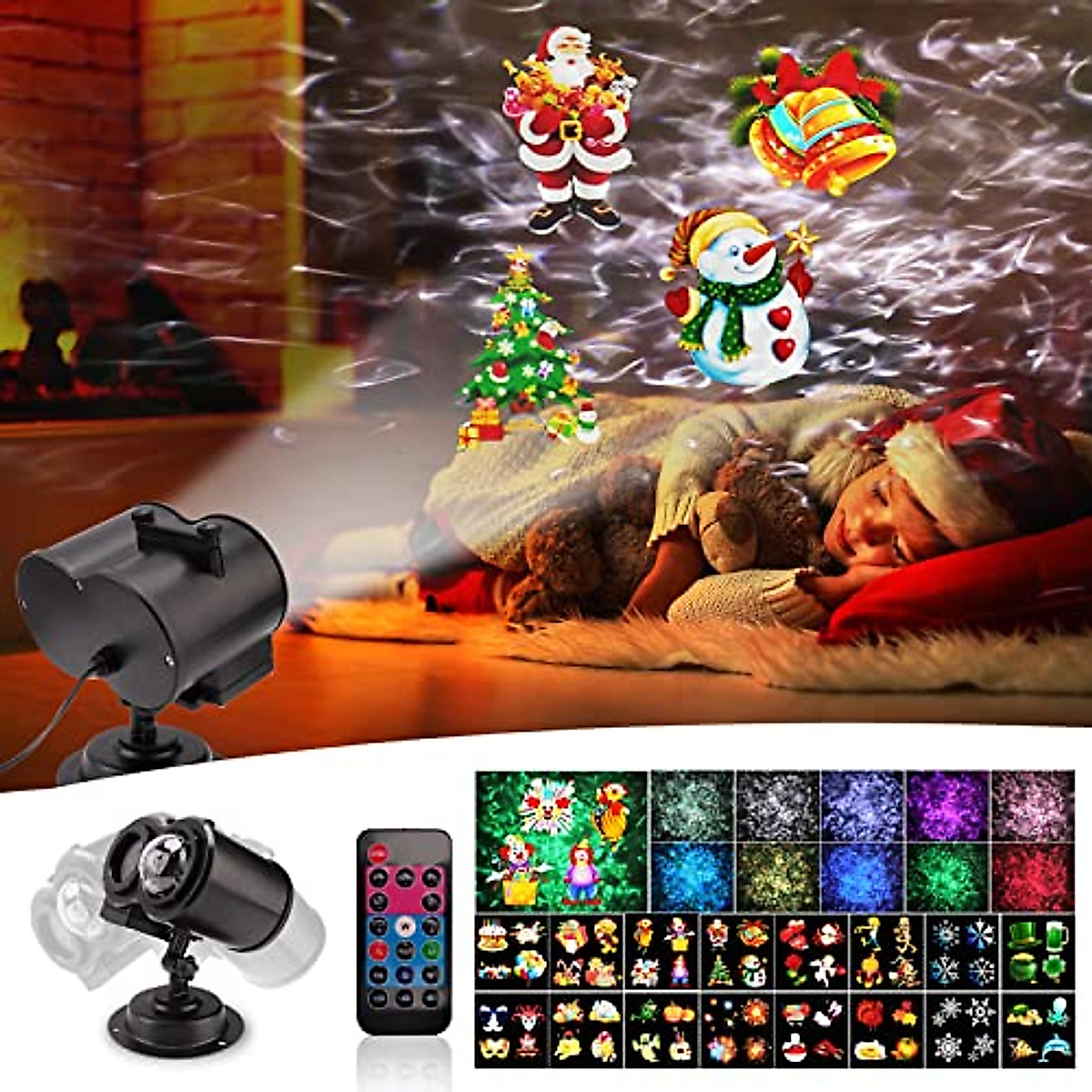 Christmas Halloween Projector Lights, Remote Control 2-in-1 Ocean Water Wave & Rotating Gobos 16 Slides, IP44 Waterproof Indoor Outdoor Lights for Holiday Party Garden Landscape Decorations Puloux