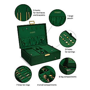 Benevolence LA Large Jewelry Storage Box, Velvet Jewelry Boxes for Women | Earring Organizer for Women, 2 Layer Jewelry Organizer Box for Necklaces, Bracelets, Rings - Emerald Green