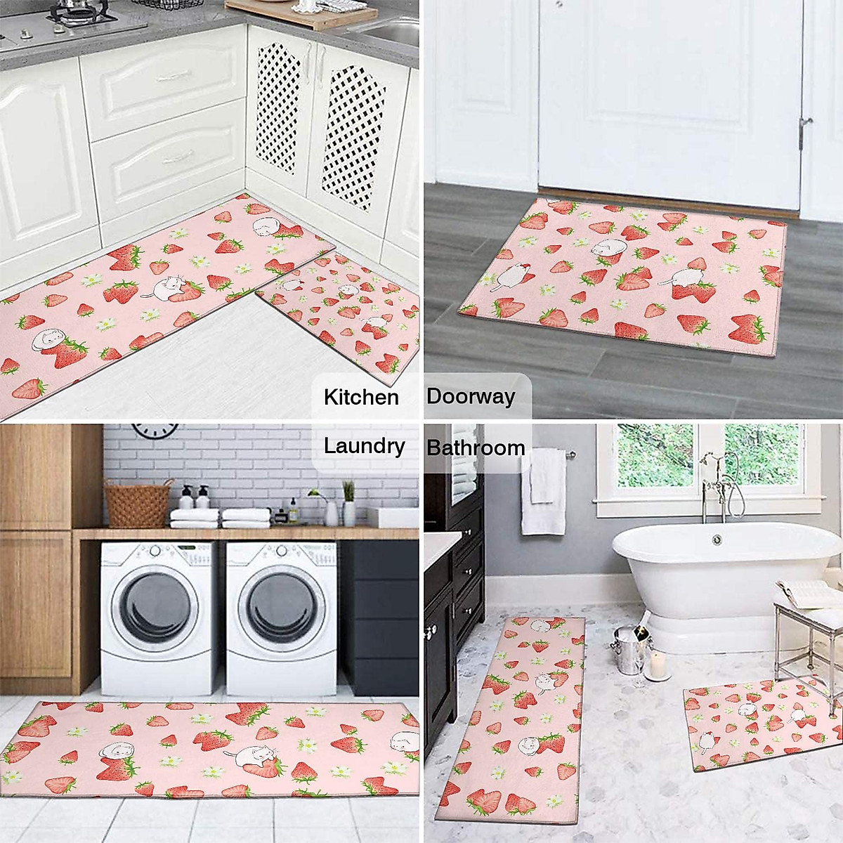 Strawberry Cat Kitchen Mats Set 2 Piece Pink Strawberry Printed Floormat 2-Piece Non Slip Comfort Kitchen Rugs Low-Profile Home Decorative Modern Kitchen Rug Heavy
