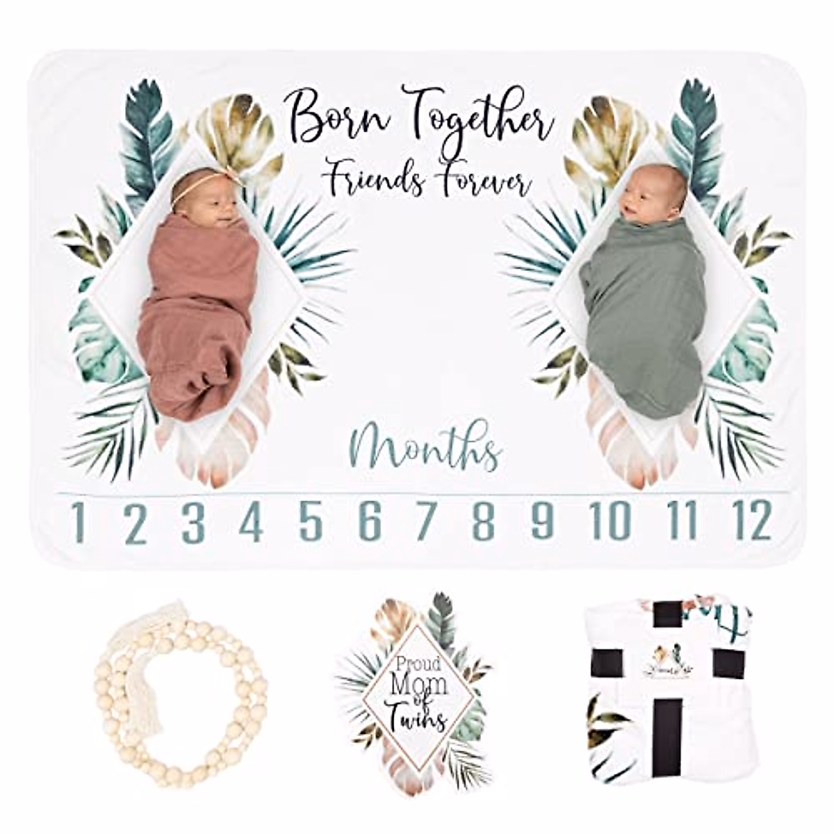 NovaaLife Twins Monthly Milestone Blanket with Boho Beads Frame & Proud Mom's Sticker - Unisex Twins Babies Essentials - 40 x 60 Large Flannel Blanket, Photography Backdrop Photo Prop for Boy & Girl