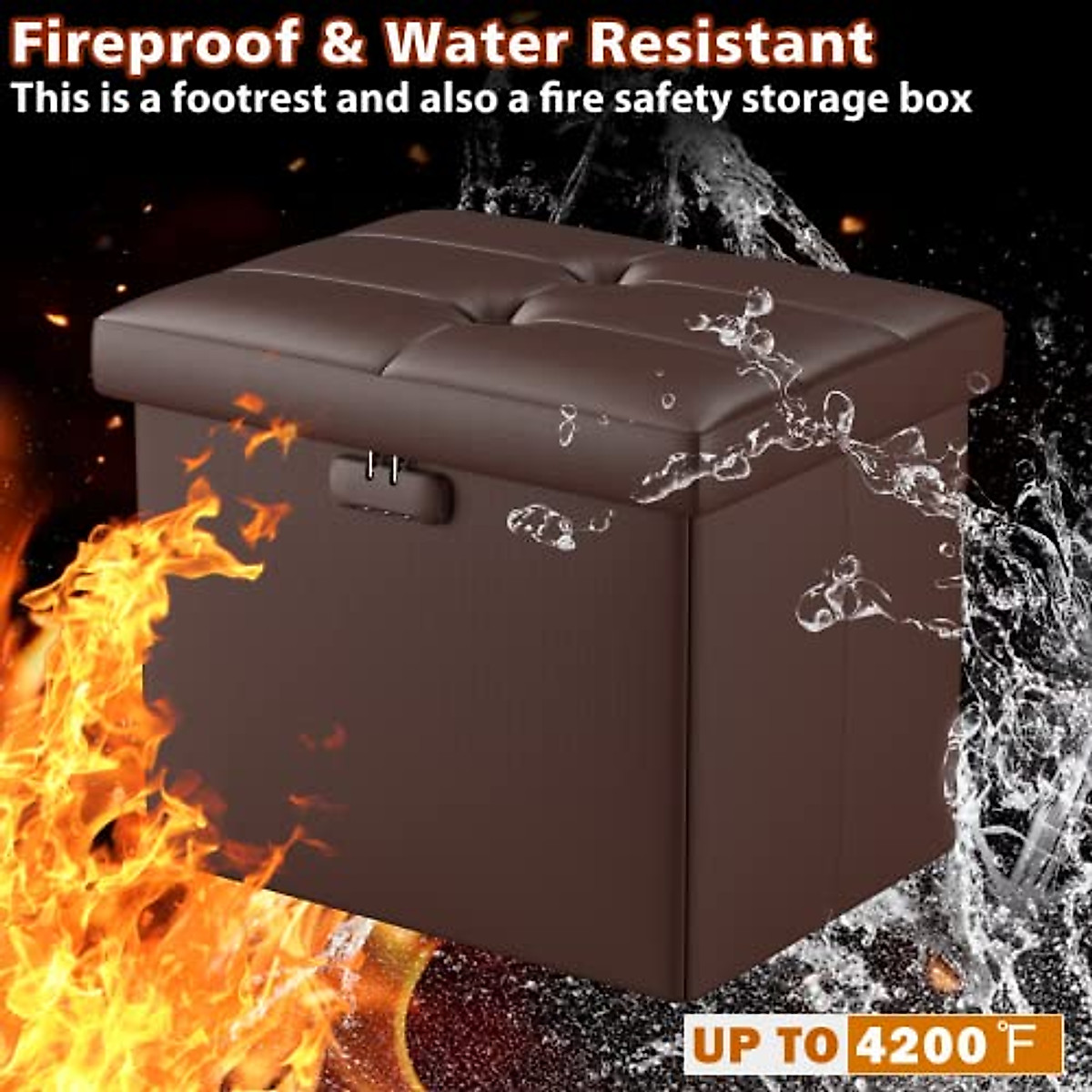 Tamfile Storage Ottoman with Lock, Fireproof Safe Folding for Documents, Waterproof Foot Rest Stool, Stable Short Living Room, Brown, 17 * 13 * 13inch