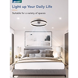 LEDIARY Low Profile Ceiling Fans with Lights, Flush Mount Modern Ceiling Fan and Remote Control, 19.7" LED Ceiling Fans, Stepless Dimmable 3 Colors and 6 Speeds - Black