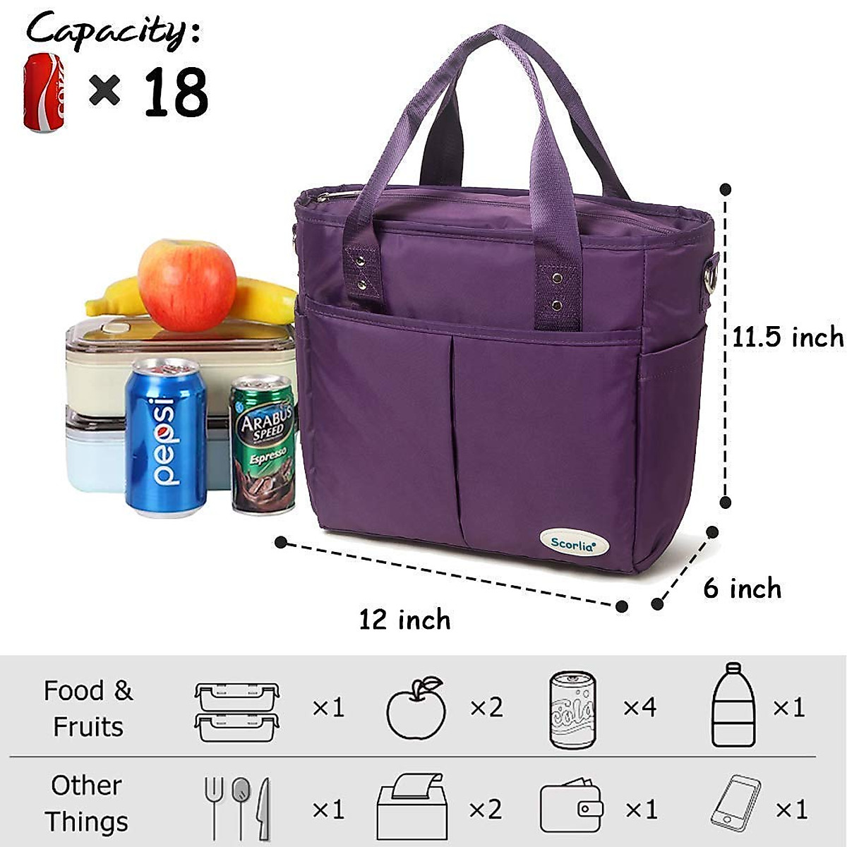 Scorlia Insulated Lunch Shoulder bag and Tote bag, Extra Large Leakproof Lunch Tote Handbag, Durable Reusable Cooler Ladies lunch Box Bag with Side pockets, Tall Drinks Holder for Women Men Work