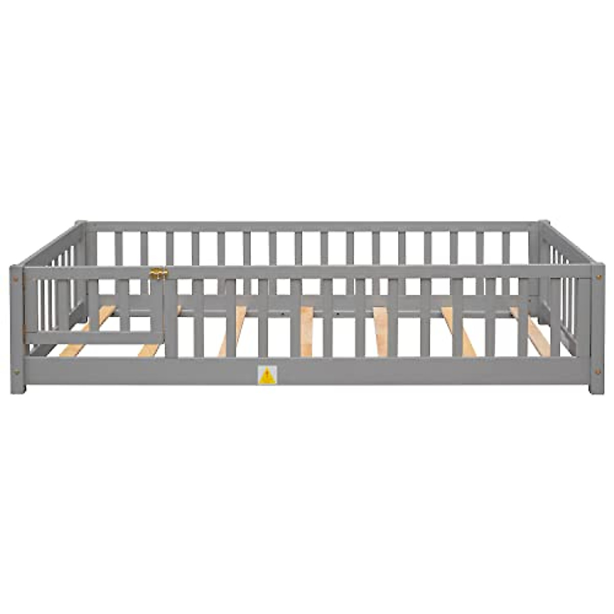 Twin Size Floor Platform Bed with Fence, Wooden Playpen Bed for Kids, Kids Fence Bed with Door, No Box Spring Needed (Grey)