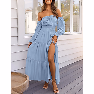 ZESICA Women's 2025 Boho Sexy Off Shoulder Long Sleeve Smocked High Waist Side Split Flowy A Line Tiered Long Maxi Dress,LightBlue,Medium
