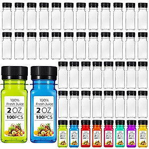 50 Pcs 2oz Clear Plastic Bottles, Mini Juice Bottle with Black Screw Lid, Juice Bottles Empty Reusable Liquid Vial Freezer Safe Drinking Beverage Container Leak Proof for Juice Milk Water Beverages