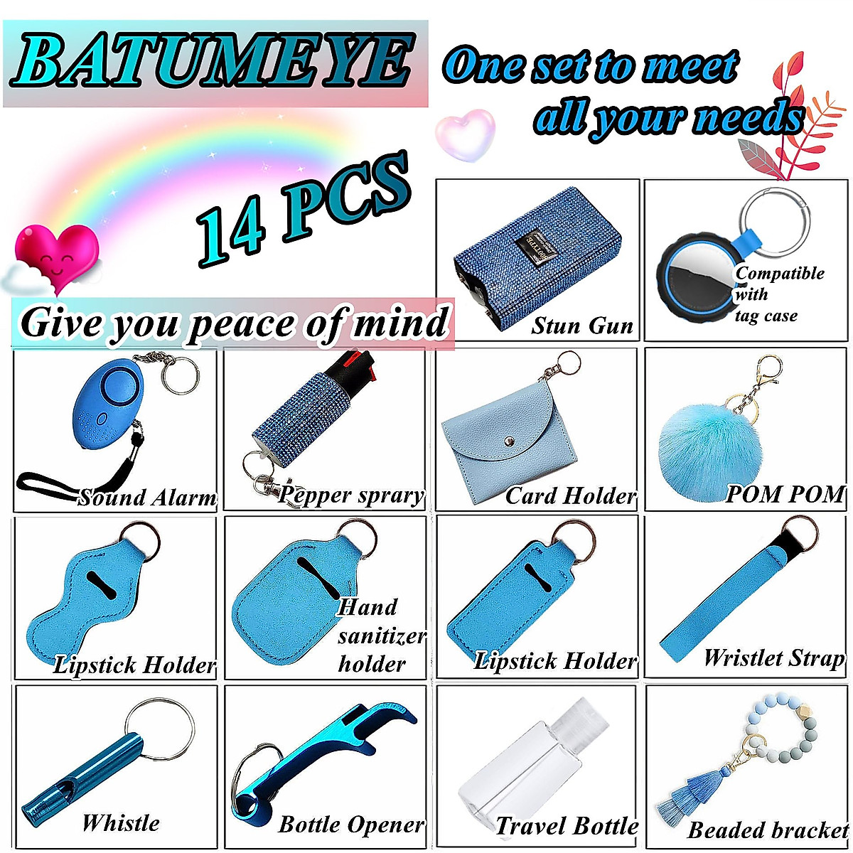 BATUMEYE Gift Set for Woman with Pom Pom Ball,Lip Balm Lanyard,Card Holder, Whistle,Travel Bottle Holder,BottleOpen(blue)