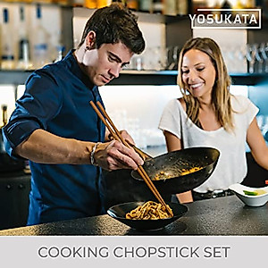 YOSUKATA Reusable Natural Wooden Long Cooking Chopsticks Set of 3 pairs: 11.8 inch, 13-inch, 14.2 inch Brown Long Wok Wooden Chopsticks Reusable