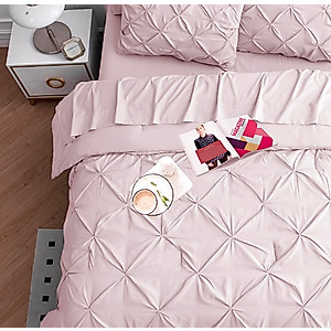 LANE LINEN Pink Comforter Set Queen Size with Sheets, Pillowcases & Shams, Pintuck Bedding Queen Size, Soft Queen Size Bed in a Bag Set, Pinch Pleated Queen Bed Comforter Set, Queen Bed Set for Girls