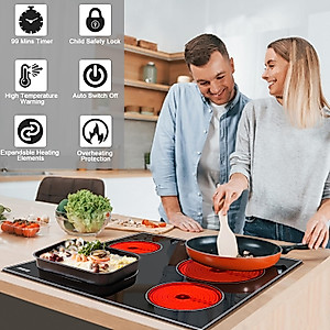 Karinear 4 Burners Electric Cooktop 24 Inch, 220-240v Built-in Electric Ceramic Cooktop with Glass Protection Metal Frame, Expandable Burners, Slider-Touch Control, Multi-function Elecric Stovetop