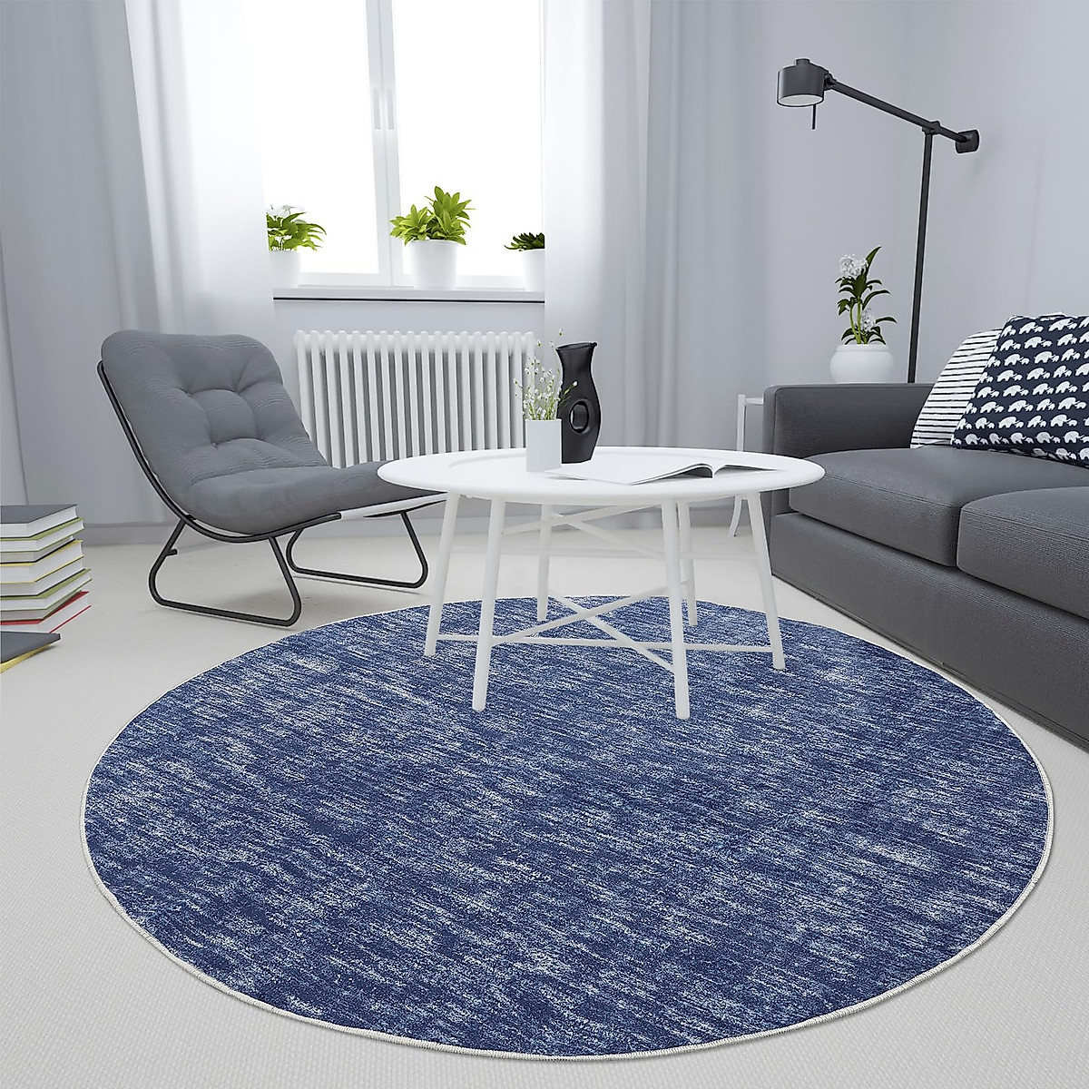 Zacoo Washable Rug for Living Room 4x4 Round Rug Solid Blue Rug Modern Carpet Non Skid Rug Distressed Area Rug for Bedroom Nursery Dorm Home Office, Blue