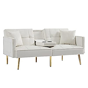 Woanke Convertible Sleeper wit Armrests Modern Velvet Sofa Bed for Living Room Office Folding Recliner Futon Couch with Metal Legs, Cream White