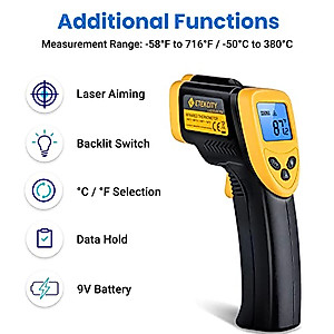 Etekcity Infrared Thermometer 774, Digital Temperature Gun for Cooking, Non Contact Electric Laser IR Temp Gauge, Home Repairs, Handmaking, Surface Measuring, -58 to 716 ℉, - 50 to 380 ℃, Yellow