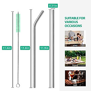 8 Piece 12 Inch Extra Long Metal Straws, 8mm Reusable Stainless Steel Thick Drinking Straws with Silicone Tips and Cleaning Brush, for Tall Tumblers 40 Ounce, Silver
