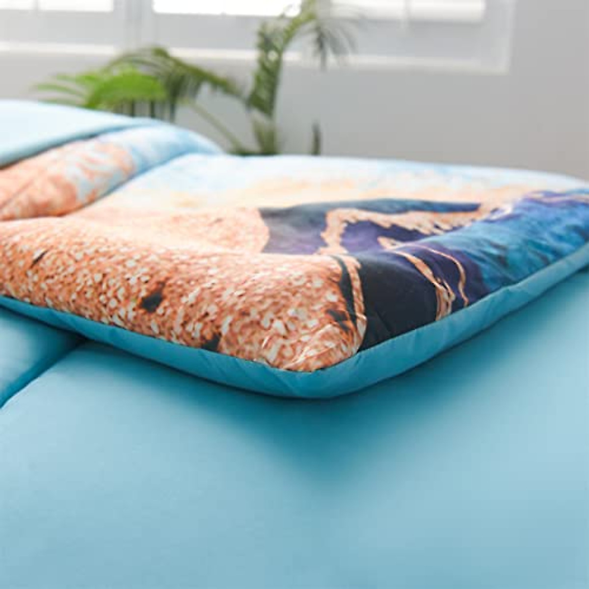 A Nice Night Marble Like Burning Mountain Printed Bedding Set,Retro Style Watercolor Artwork Design,Ultra Soft Comforter Set, 7pcs Bed in a Bag,Queen,Blue