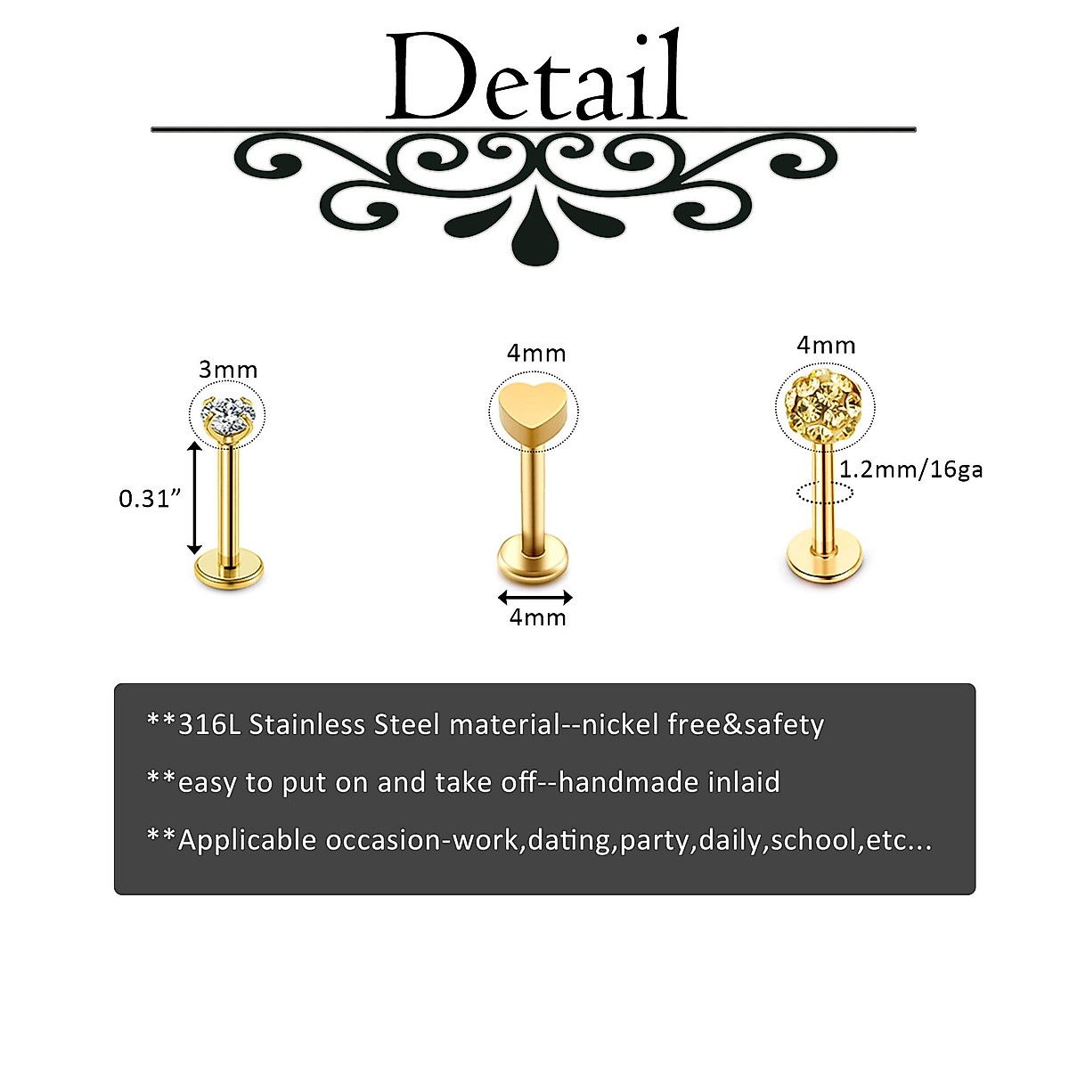 Jovivi 16G Gold Lip Rings Stainless Steel Hoop Labret Studs Monroe Piercing Jewelry Cartilage Helix Tragus Earrings Nose Ring Lobe Daith Rook Earrings for Women Men 14 Pcs