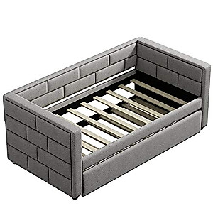 YILIBO Wood Bed Twin Size Trundle, Upholstered Daybed with Padded Back, Space-Saving Design, Built-in Solid Slat Support for Kids Teens Bedroom, No Box Spring Needed, Grey