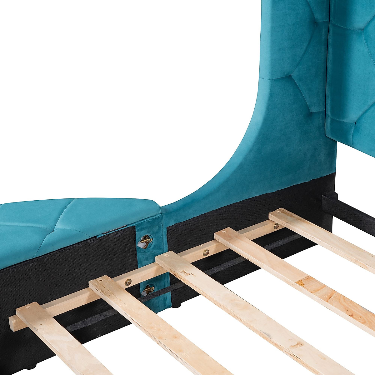 Velvet Queen Storage Bed Frame, Deluxe Upholstered Platform Bed with Wingback Headboard and 1 Big Drawer, 2 Side Storage Stool, No Box Spring Needed/ Easy Assembly (Queen Size, Blue)