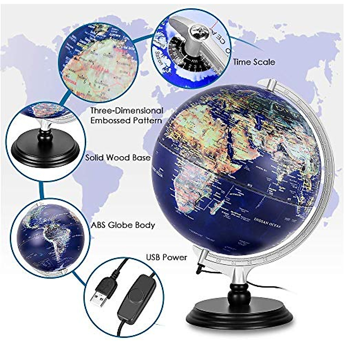 World Globe,Raised Relief Topographical Globe,Built-In LED Light for Night View for Learning Education Teaching Demo Home Office Desk Decoration