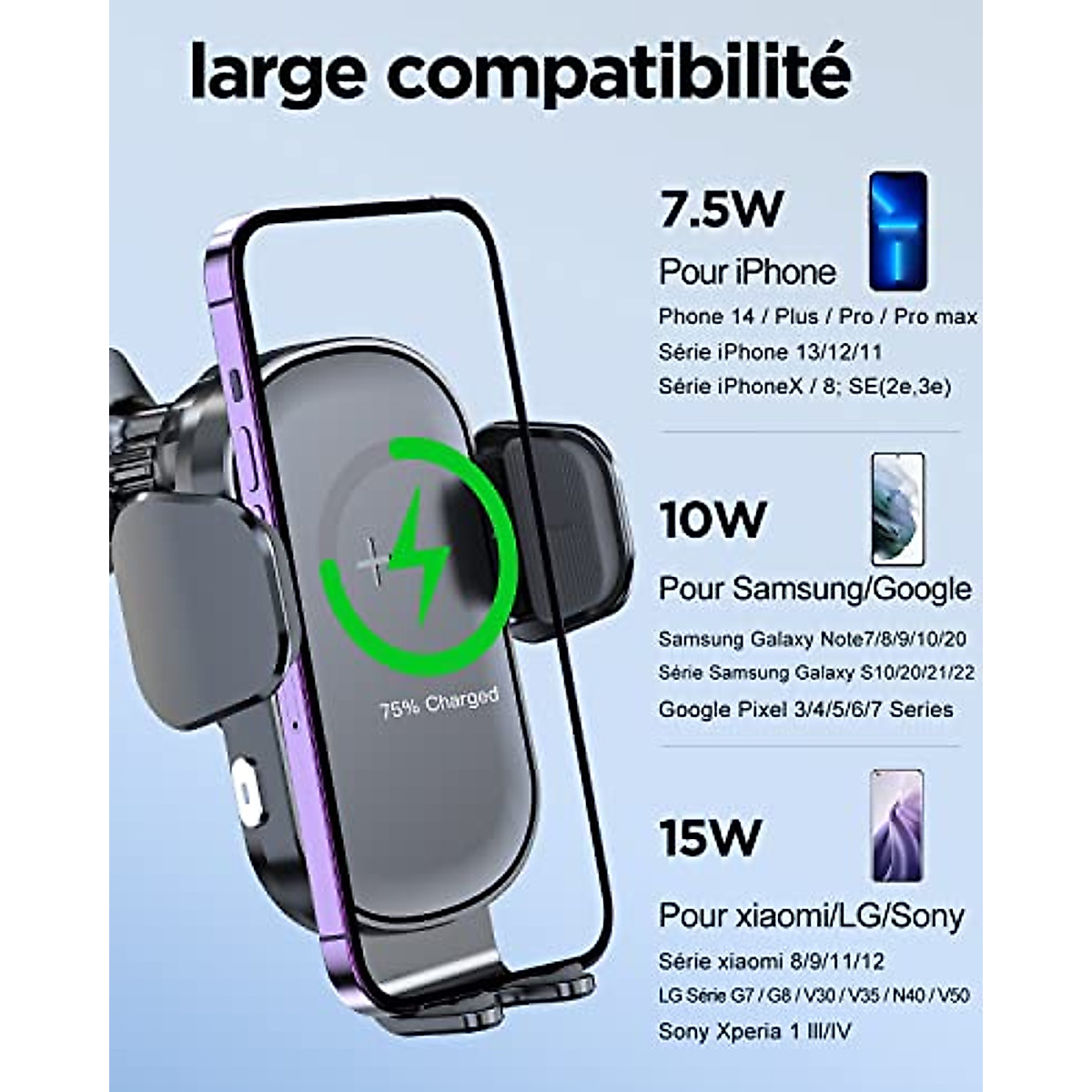 Wireless Car Charger - Lekente 15W Qi Fast Charging Car Phone Mount | Auto-Clamping Air Vent Car Cell Phone Holder for iPhone 14/13 /12/11 /X/XR/XS /8 Pro Max Mini Plus Samsung Galaxy Series