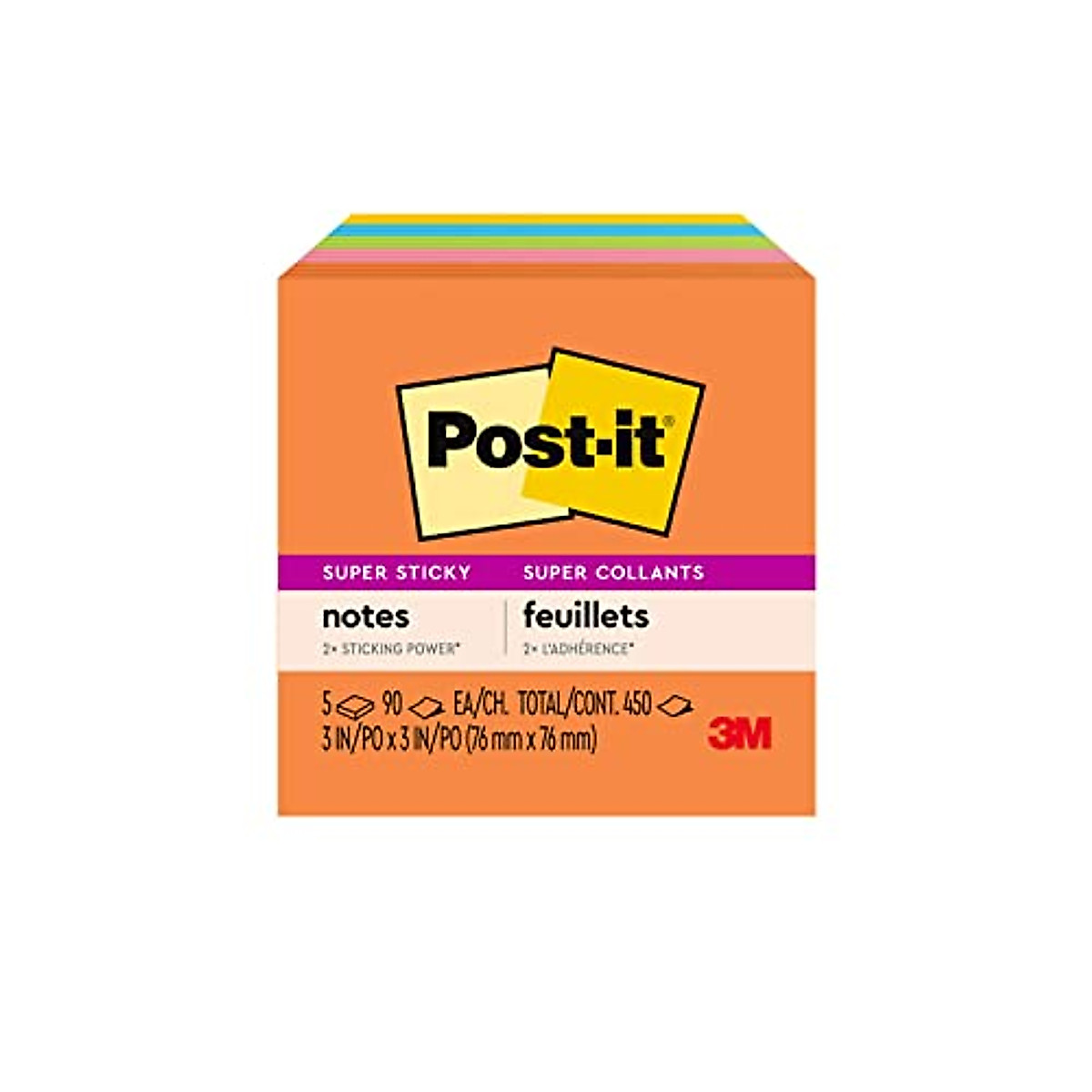 Post-it Super Sticky Notes, 3x3 in, 5 Pads, 2x the Sticking Power, Energy Boost Collection, Bright Colors, Recyclable (654-5SSUC)