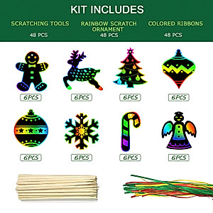 ORIENTAL CHERRY Christmas Scratch Crafts Arts, 48 DIY Rainbow Scratch Art Bulk Cards, Rainbow Scratch Paper Supplies Toys for 3-12Years Old Kids Favord Gift for Christmas Party Games Projects Kits