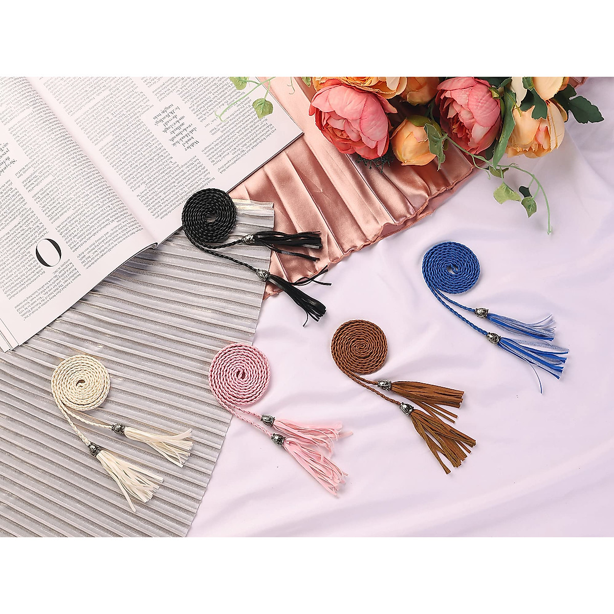 uxcell Women Tassels Braided PU Waist Belt Brown Brown One Size