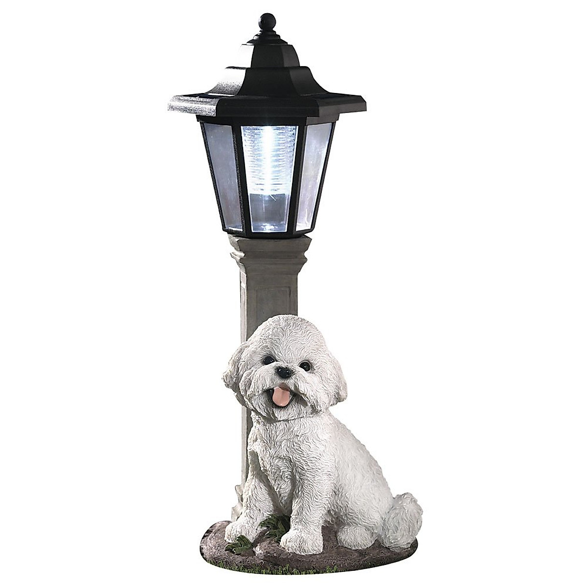 Bits and Pieces-Solar Bichon Lantern-Solar Powered Garden Lantern - Resin Dog Sculpture with LED Light