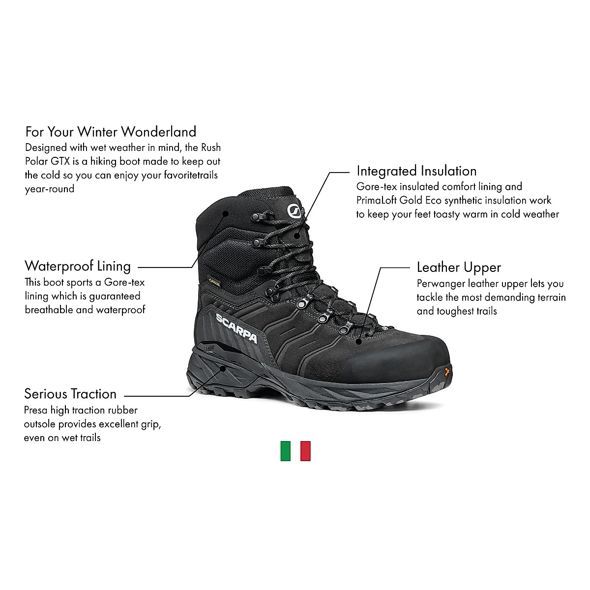 SCARPA Rush Polar GTX Waterproof Gore-Tex Synthetic Insulated Boots for Hiking and Trekking - Thyme Green - 10-10.5 Women/9-9.5 Men