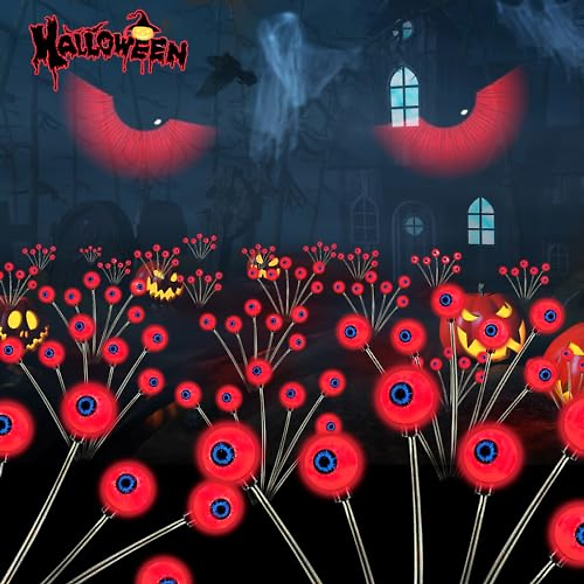 TONULAX Halloween Decorations Outdoor, 2 Pack Upgraded Solar Scary Eyeball Lights with Dual Lighting Modes, Swaying Firefly Lights, Solar Pathway Light for Yard, Garden,Yard Decor, Party (Red)