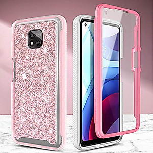 NZND Motorola Moto G Power 2021 Case with [Built-in Screen Protector], Full-Body Shockproof Protective Bumper Cover, Impact Resist Durable Phone Case (Glitter Rose Gold)