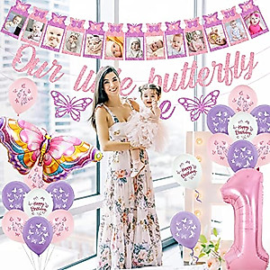 Butterfly 1st Birthday Decorations for Girls Pink Purple Our Little Butterfly is One Banner Cake Topper Photo Banner 1st Bday Girl Butterfly One High Chair Banner Floral Party Decoration for Girls