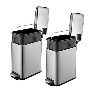 QUALIAZERO 5L / 1.3 Gallon Stainless Steel Step-On Bathroom Trash Can, Slim Shape, Pack of 2, Starter Set (Stainless Steel)