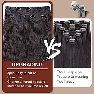 DeeThens Clip in Hair Extensions Long Dark Brown Hair Extensions for Women Wavy Synthetic Thick Hair Extensions Full Head Invisible 3pcs (Dark Brown)