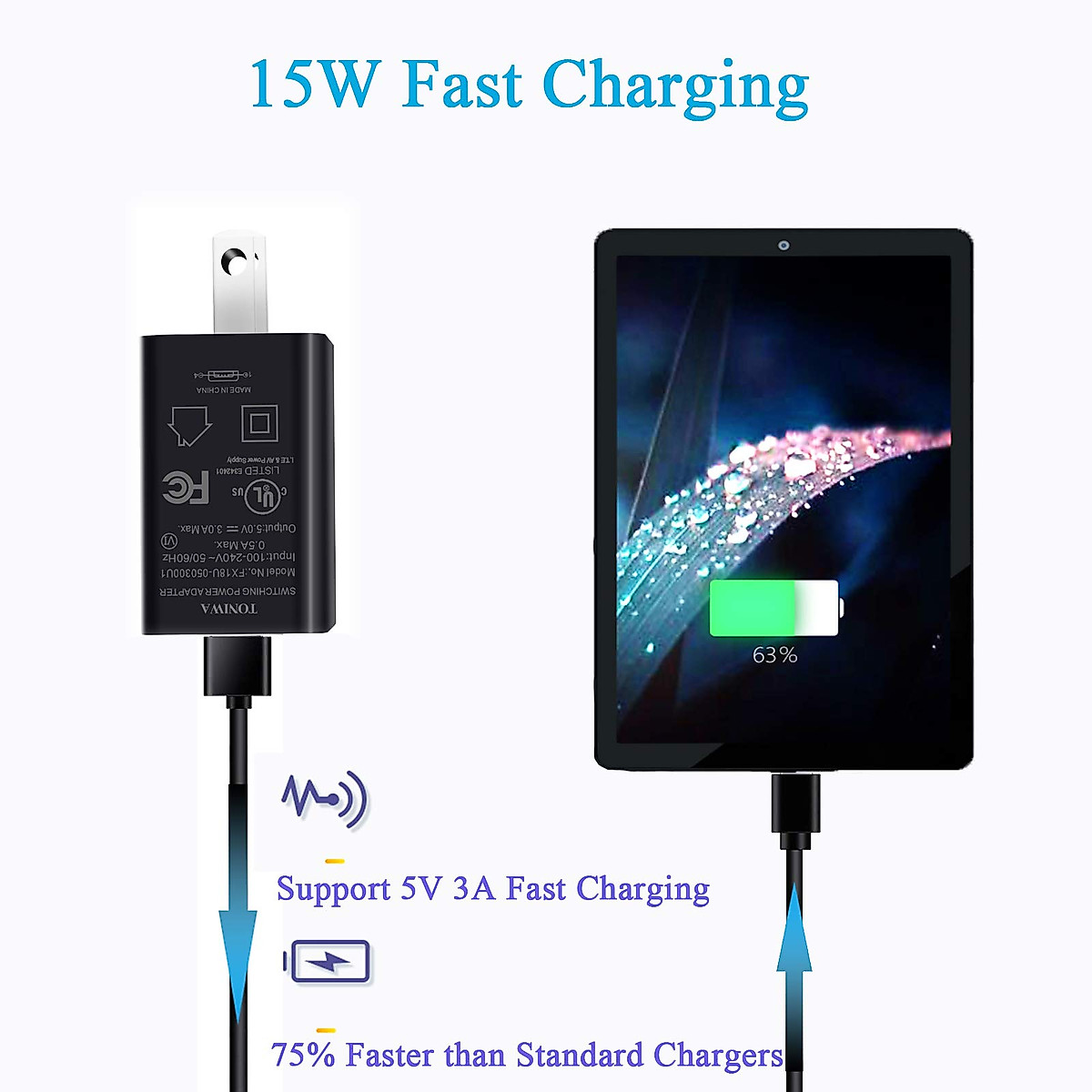 USB-Type C 5V3A Fast Charger for Samsung Galaxy Tab S9 S8 S7, S6, S5e, S4, S3, Tab A7 10.4", A9+ 12.4", A8 10.5" Tab A 10.1 SM-T510, Tab A 8.4", 8.0" SM-T380/387/307/610 SM-X210/710/810 Tablet Charger