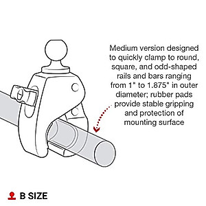 RAM Mounts RAP-B-404U Tough-Claw Medium Clamp Base with B Size 1" Ball for Rails 1" to 1.6" in Diameter