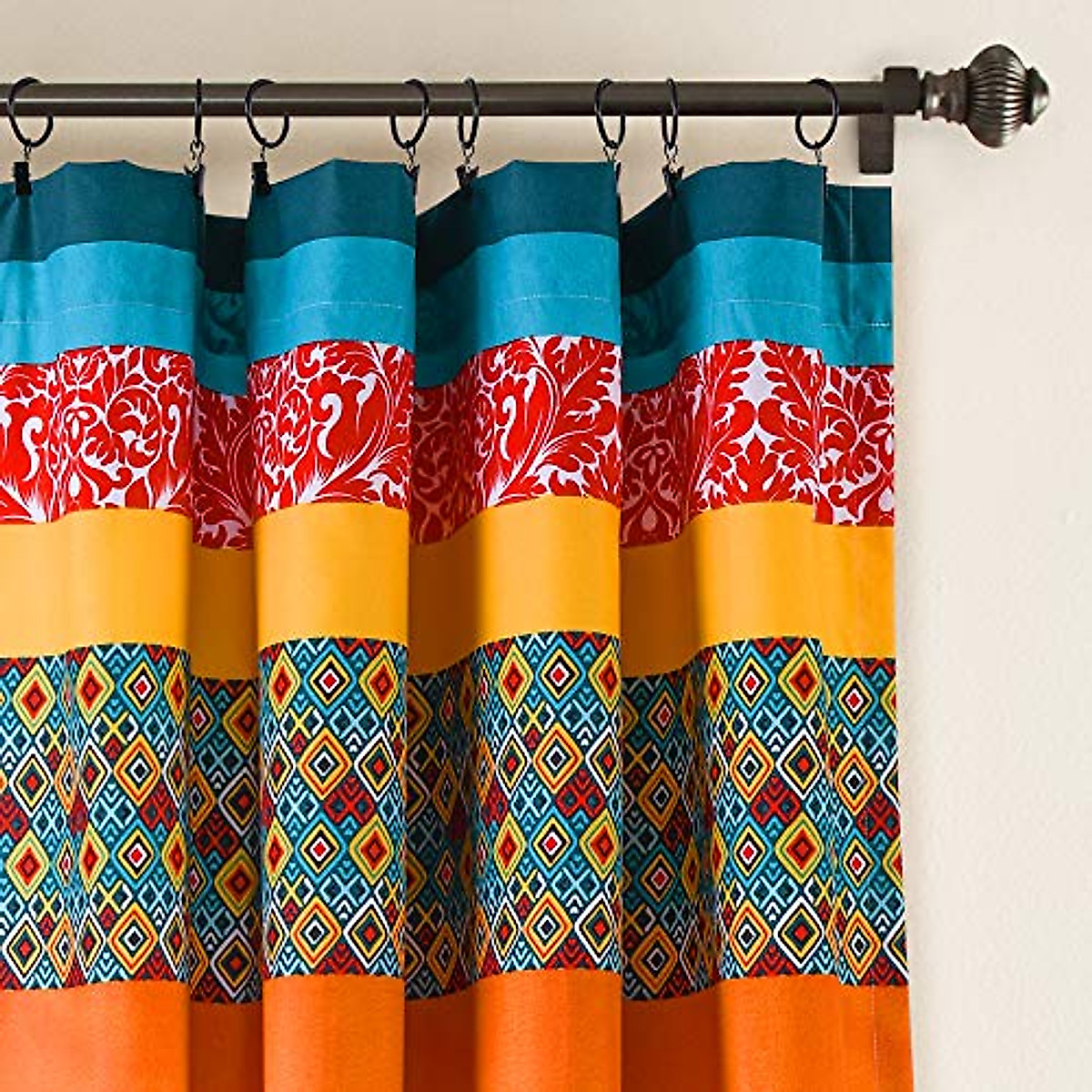 Lush Decor Boho Stripe Window Curtain Bohemian Geomatric Floral Design Panel Pair, 52" W x 84" L, Turquoise & Tangerine