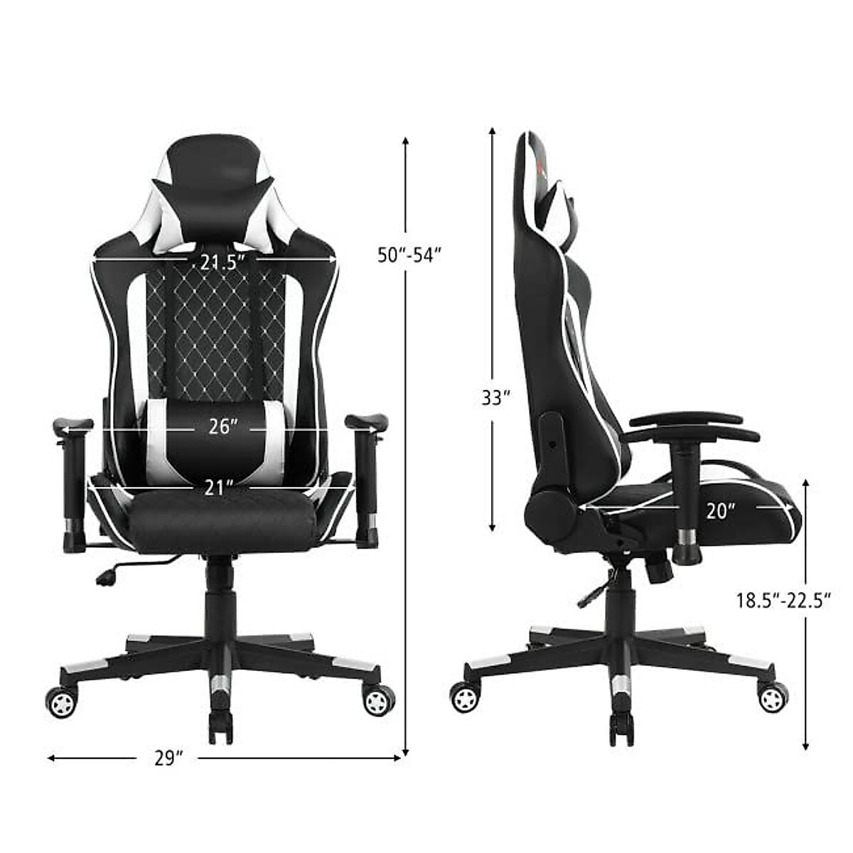 Ergonomic Gamer Desk Chair, High Back PC Computer Home Office Chair with Massage & 90°-180° Adjustable Tilt Back Height Adjustable Swivel PU Leather Executive Racing Computer Desk (Black+ White)