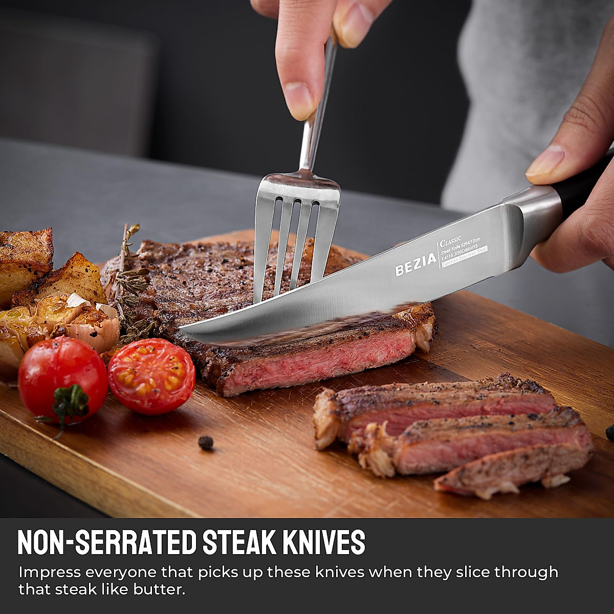 BEZIA Steak Knives Set of 4, Extra Sharp Non Serrated Steak Knife Set, German Steel Blades with Full Tang Ergonomic Handle