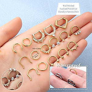 Besteel Hypoallergenic Gold Septum Rings 16G 8mm Surgical Steel Clicker Nose Rings Hoops Set Small Lip Cartilage Helix Daith Piercing Jewelry for Women Men 16 Pcs