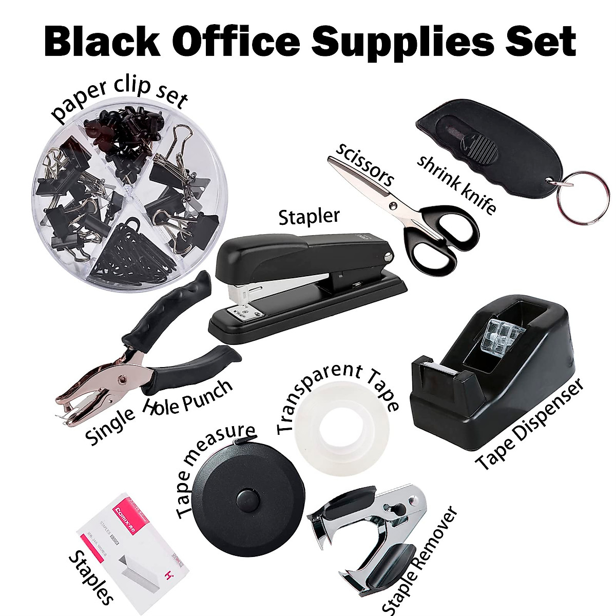 ChezMax Black Desk Accessory Kit Includes Stapler Staples Staple Remover Tape Dispenser Transparent Tape Scissors Push Pins Paper Clips Binder Clips Single Hole Punch Telescopic Knife Tape Measure