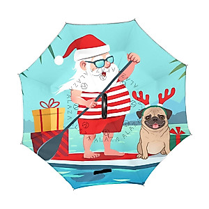 Cute Santa Claus Stand Up Paddle Board With Pug Dog Double Layer Windproof UV Protection Reverse Umbrella With C-Shaped Handle Upside-Down Inverted Umbrella For Car Rain Outdoor
