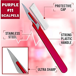 MedHelp Disposable Scalpel 11, Pack of 20 Dermaplaning Tool for Face with Burgundy Plastic Handle, Scalpel Blades #11, High Carbon Steel ● Box of 20