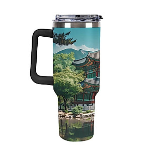Korean Architecture Palace of Koreas Insulated Tumbler with Handle Stainless Steel Travel Coffee Mug with Lid And Straw 40oz