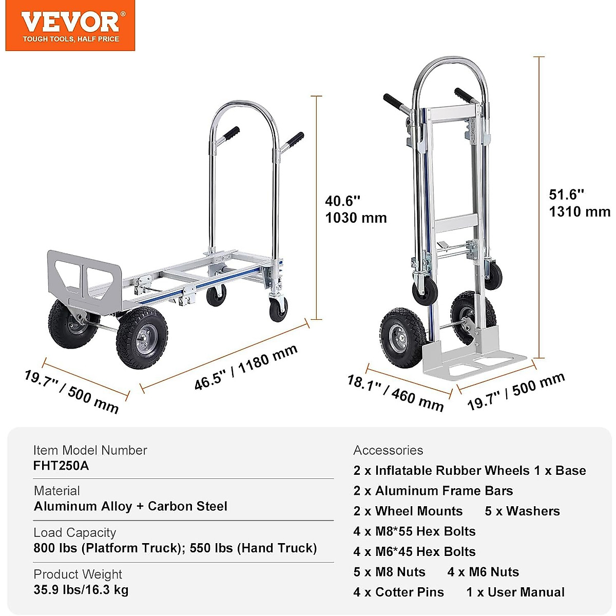 VEVOR Aluminum Convertible Hand Truck, 2 in 1 Design 800 Lbs Capacity, Heavy Duty Industrial Collapsible cart, Dolly Cart with Rubber Wheels for Transport and Moving in Warehouse, Supermarket, Garden