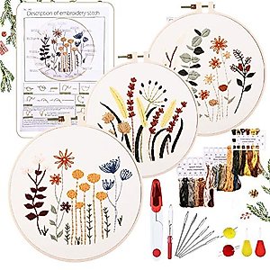 YINVA 3 Sets Embroidery Beginner Kits Embroidery Starter Kit Cross Stitch Kit Include 3 Embroidery Clothes with Floral Pattern Instructions Hoops Floss Thread Fabric Needles for Beginners