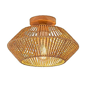Boho Light Fixtures Rattan Ceiling Light Farmhouse Mini Hand-Woven Cage Flush Mount Chandelier for Bedroom Bathroom Hallway Entryway Living Room