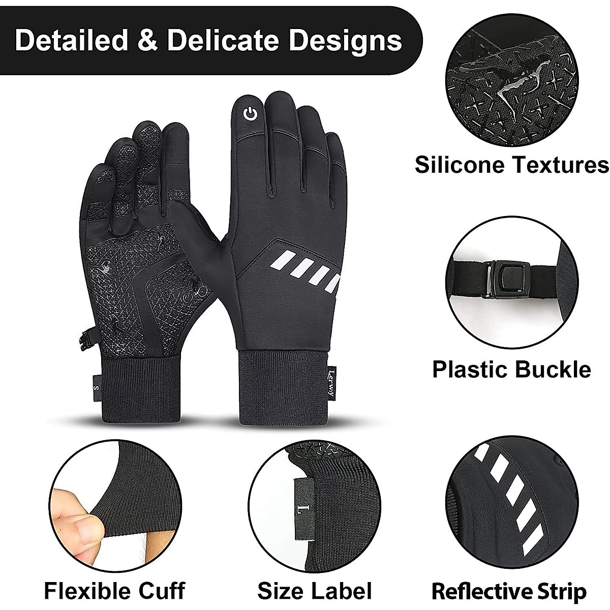LERWAY Winter Gloves For Men Women Touchscreen Warm Gloves Anti-Slip Water Resistant Windproof Black Thermal Gloves For Driving Cycling Hiking Running (M)