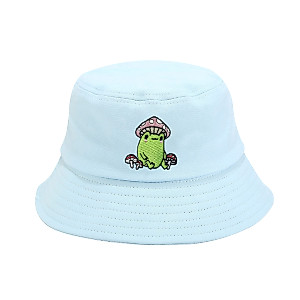 Enodtter Frog with Mushroom Hat Cottagecore Embroidered Bucket Hats, Light Blue Summer Travel Embroidery Beach Sun Hat Outdoor Fisherman Cap